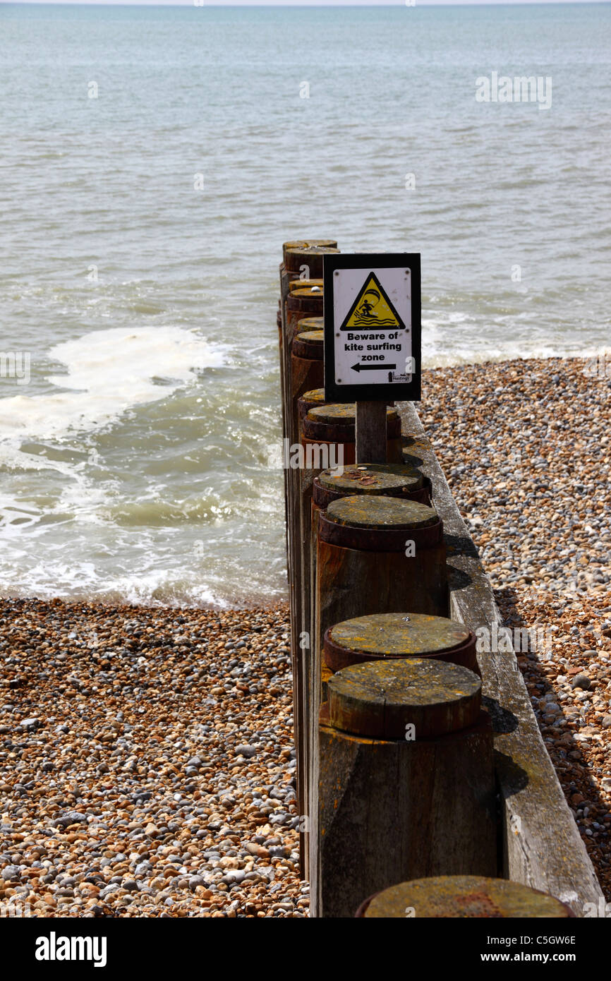 Beware of kite surfing zone sign on groyne, St Leonards on Sea, East ...