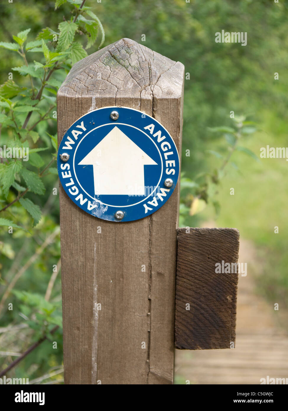 A waymark post on the Angles Way a long distance path at Burgh Castle ...