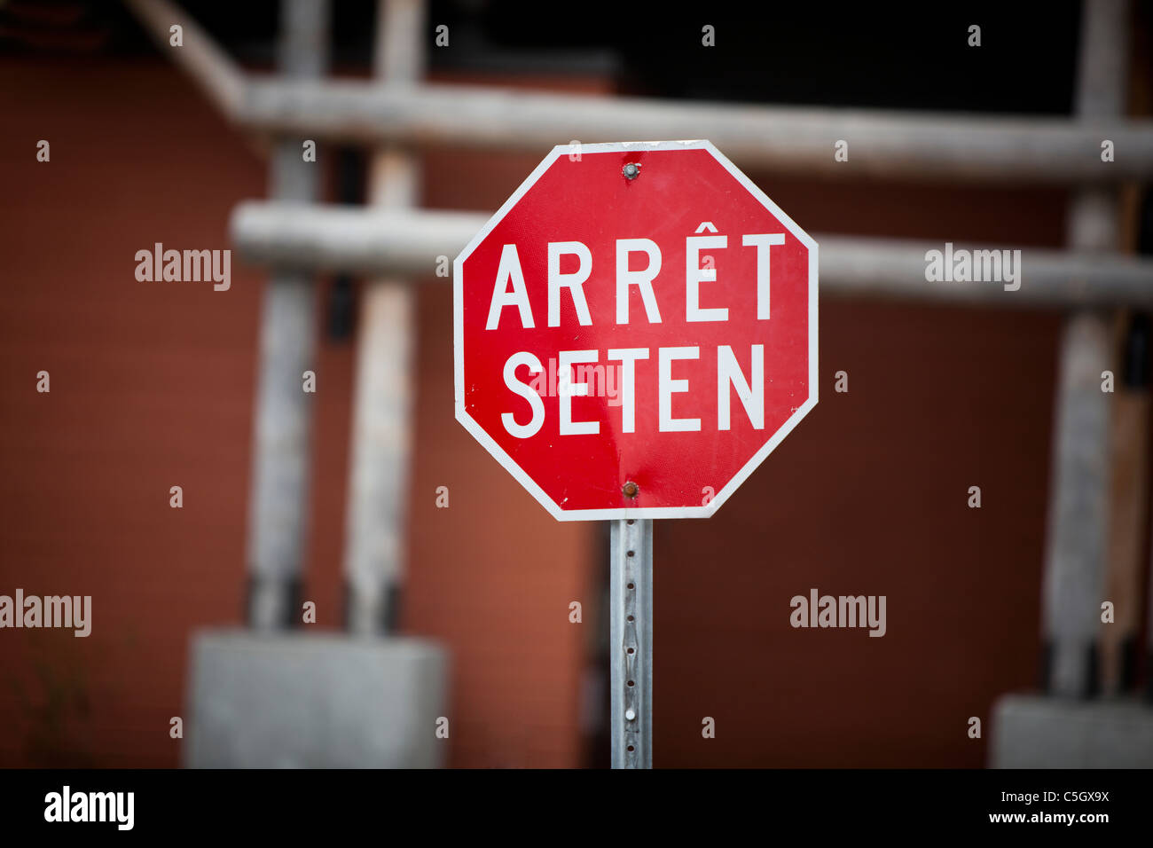 A stop sign at Wendake Huron reserve located near Quebec city, Canada ...