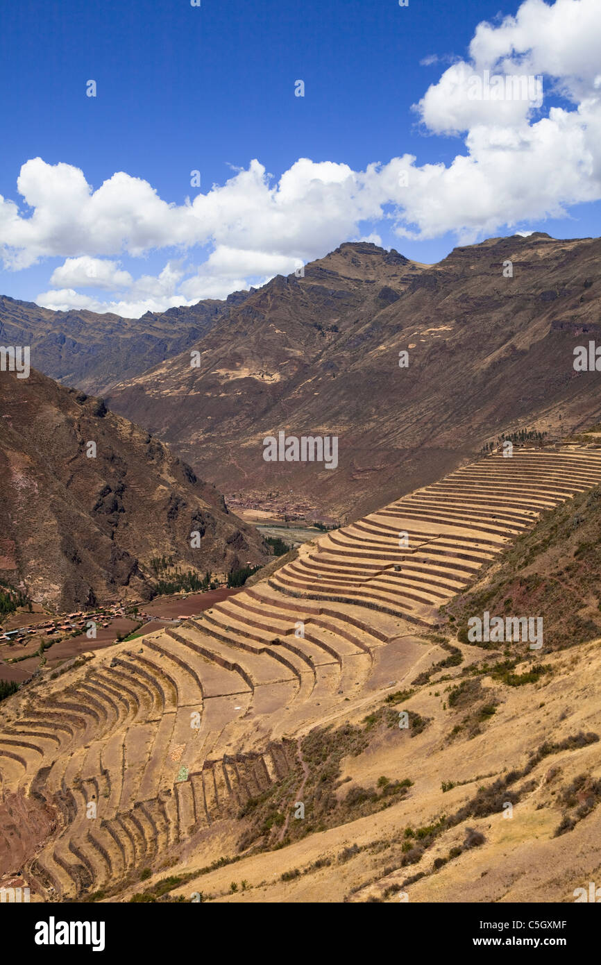 Inca agricultural terraces at the Inca ruins above Pisac in the Sacred ...