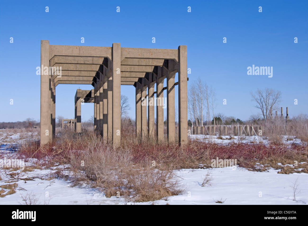 abandoned facility of old munitions manufacturer with smokestacks in ...