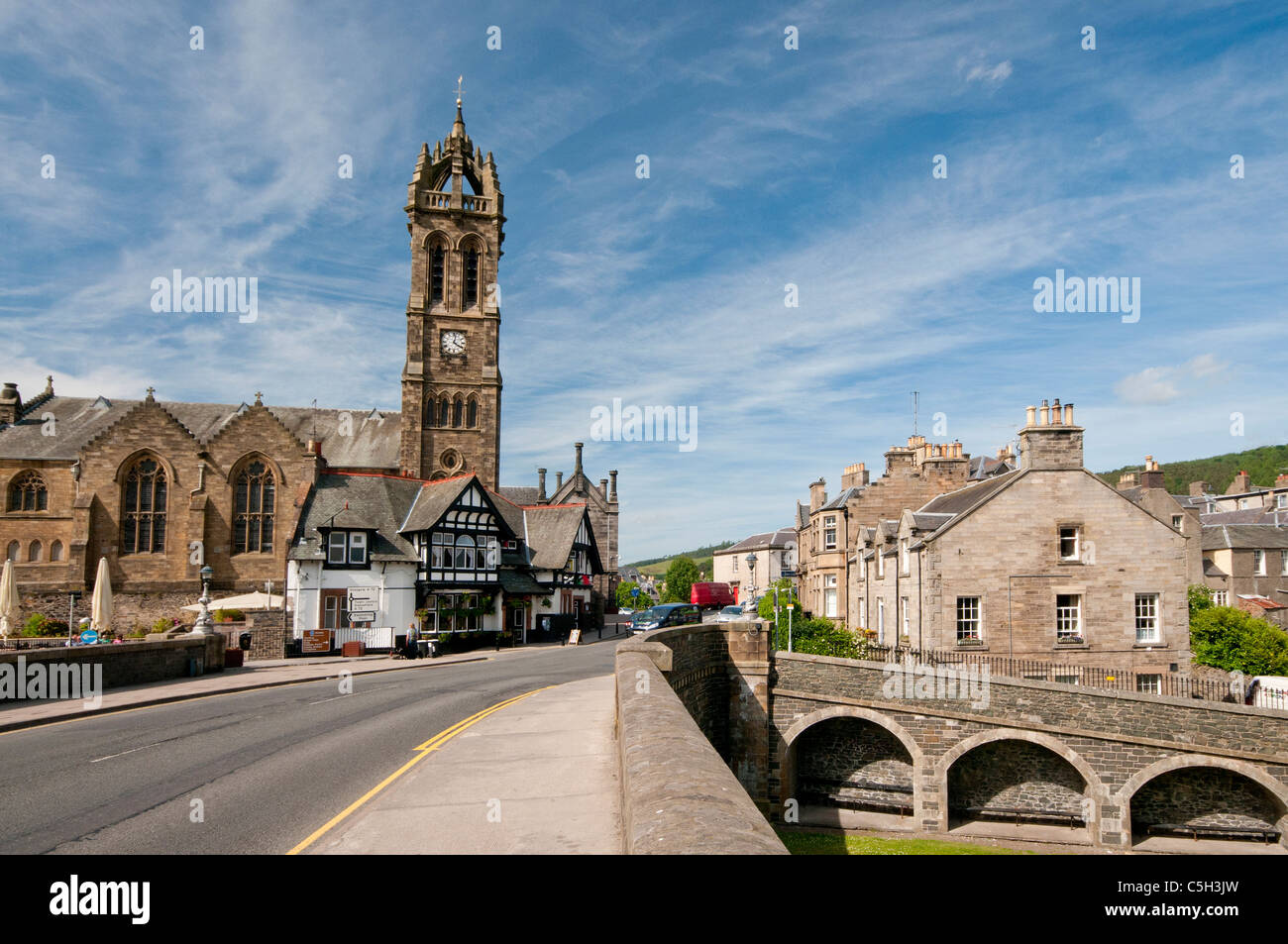 Peebles Church and bridge Stock Photo - Alamy