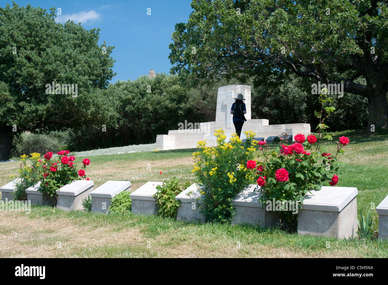 Allied graves and monument at the Ari Burnu Cemetery at Anzac Cove on ...