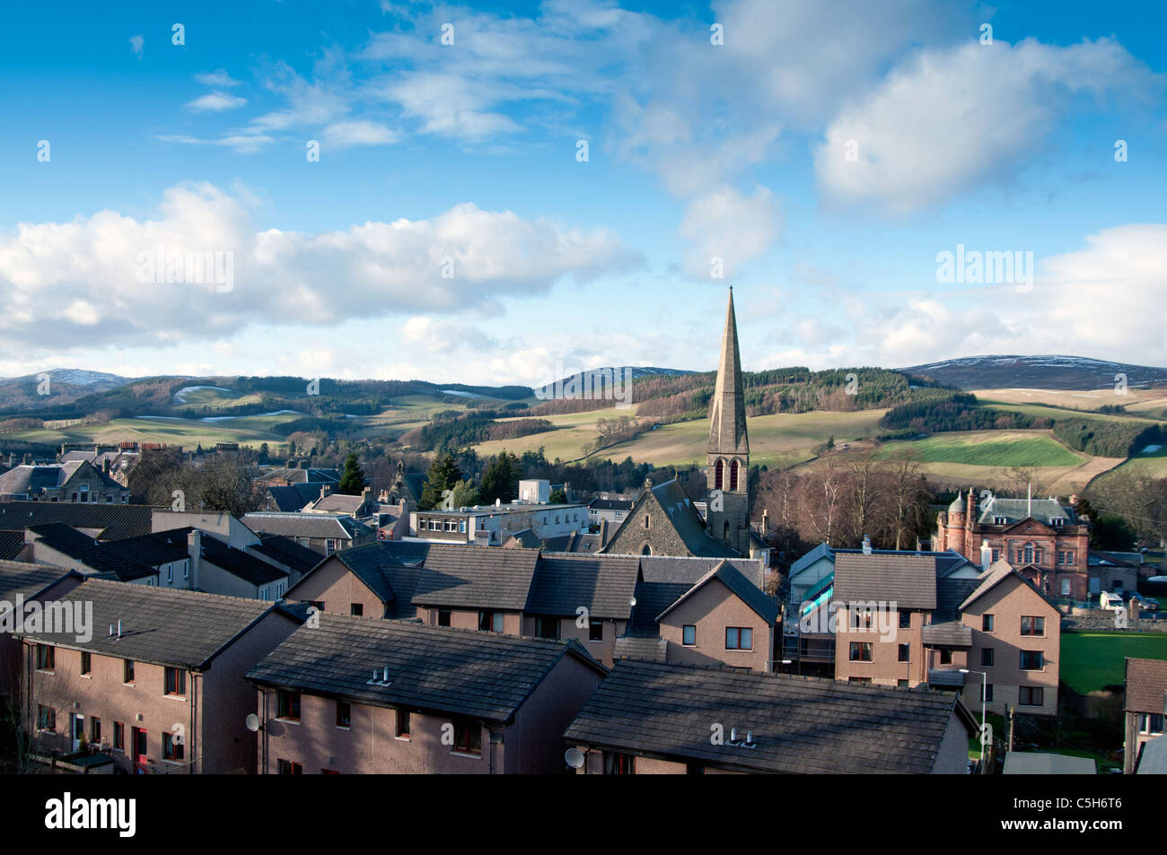 View of Selkirk with church spire with modern houses- Scottish Borders ...