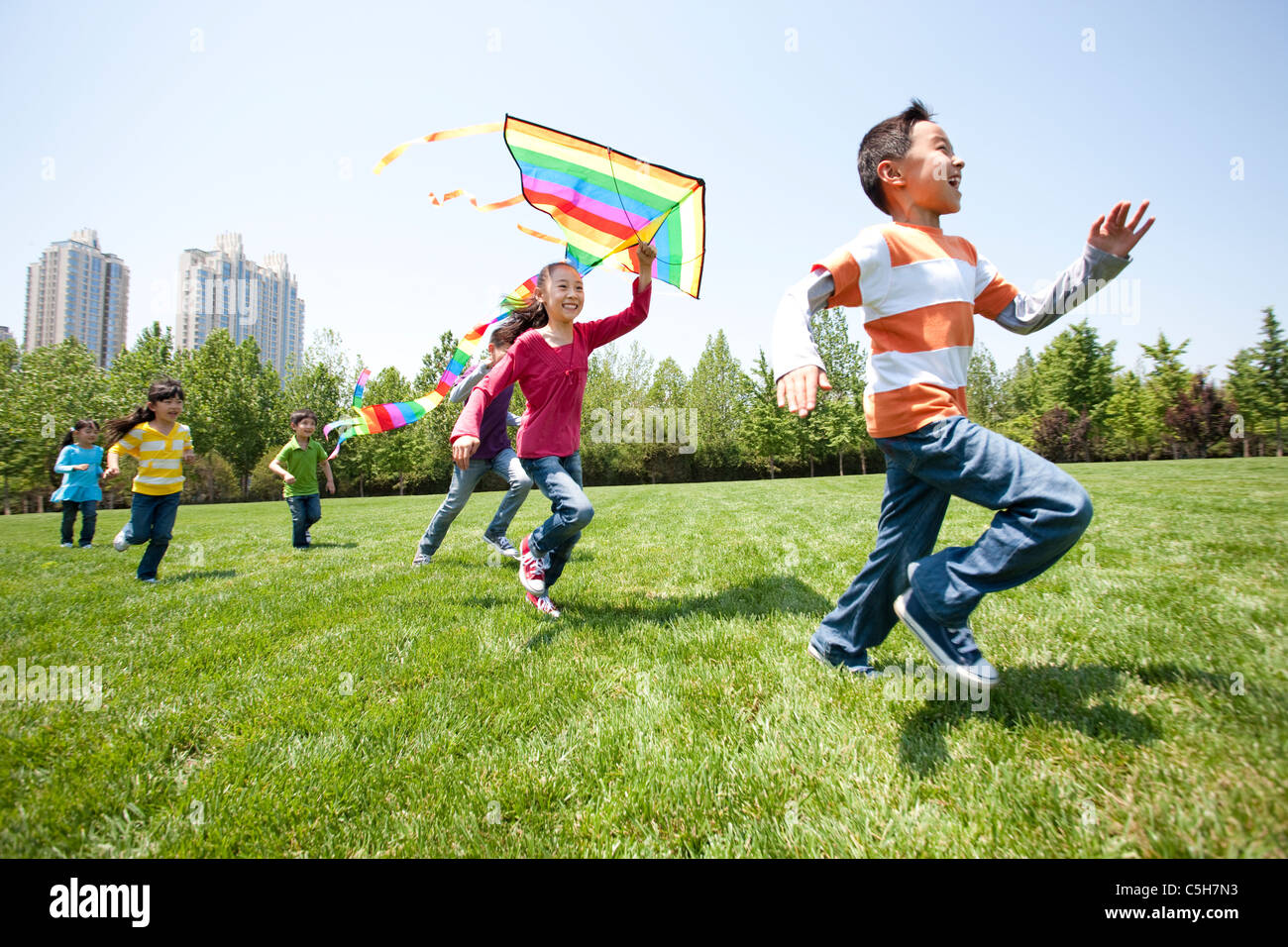 Children Playing with Kite in Field Stock Photo - Alamy