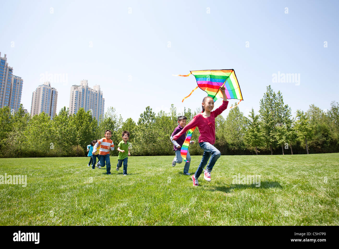 Children Playing with Kite in Field Stock Photo - Alamy