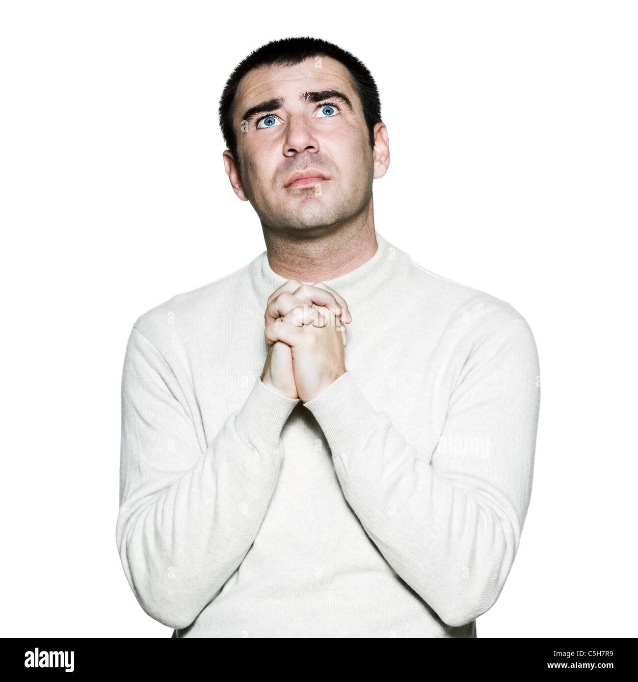 Portrait of an handsome expressive man in studio on white isolated ...