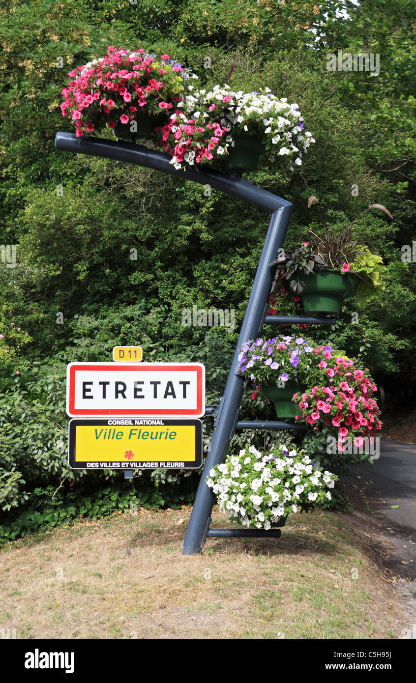 Etretat town sign with colourful floral display, Normandy, France Stock ...