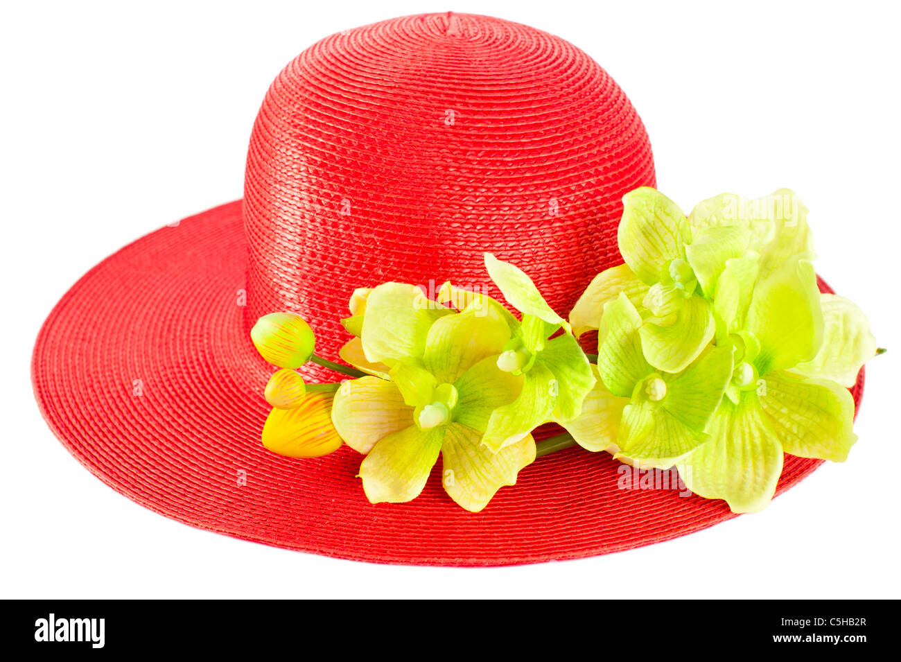 Red straw woman`s summer hat with orchid flowers isolated on white ...