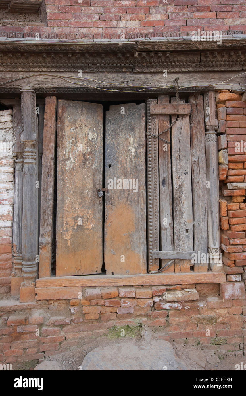 Old wooden window and shutters at the Newari-style pagoda of the ...