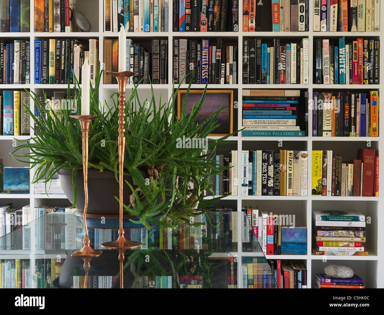 detail of library with plant and candlesticks Stock Photo - Alamy