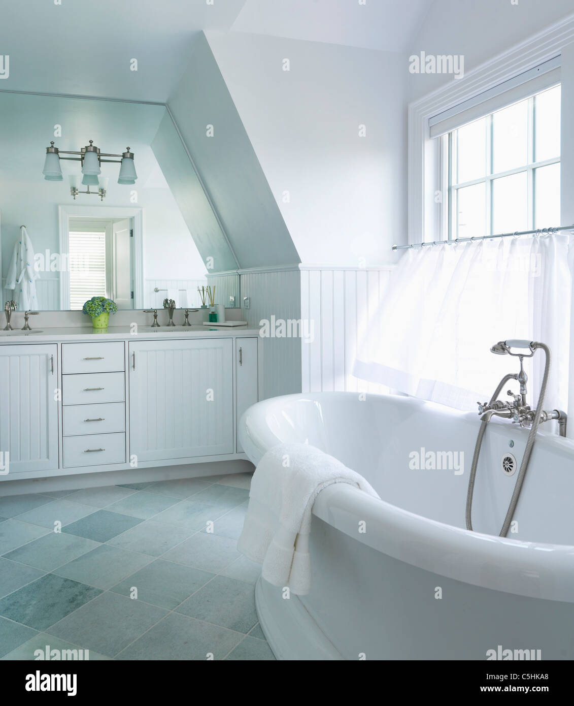 airy bathroom with white curtain in wind Stock Photo - Alamy