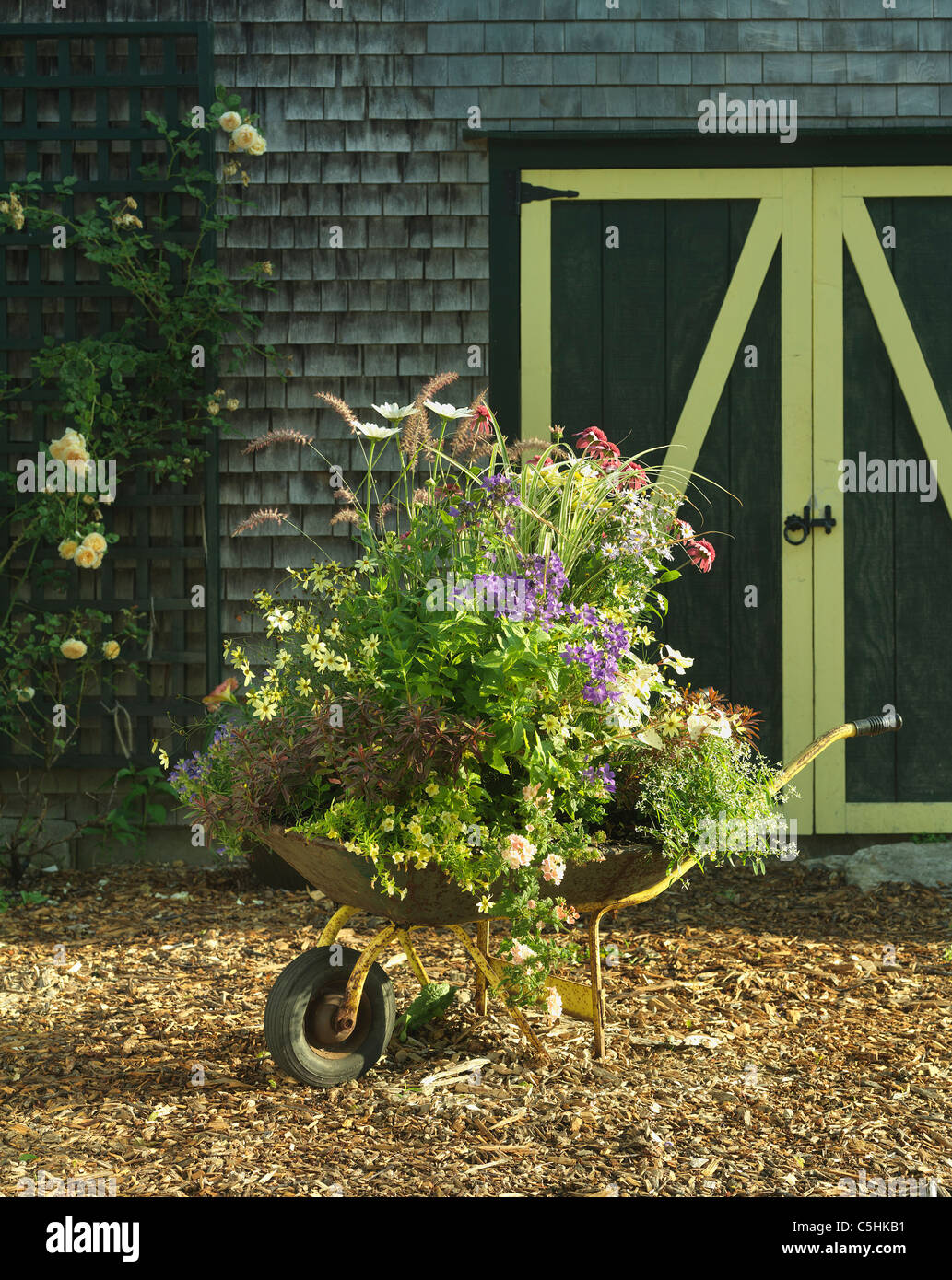 Decorative wheelbarrow outside painted barn Stock Photo - Alamy