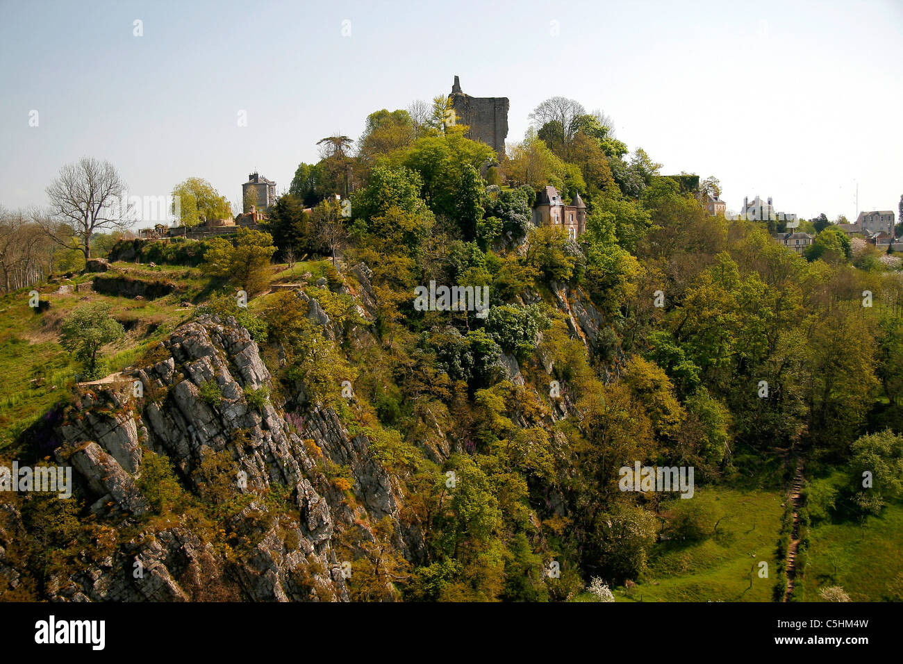 Castle Domfront on the spur of the gorge of the river Varenne in ...