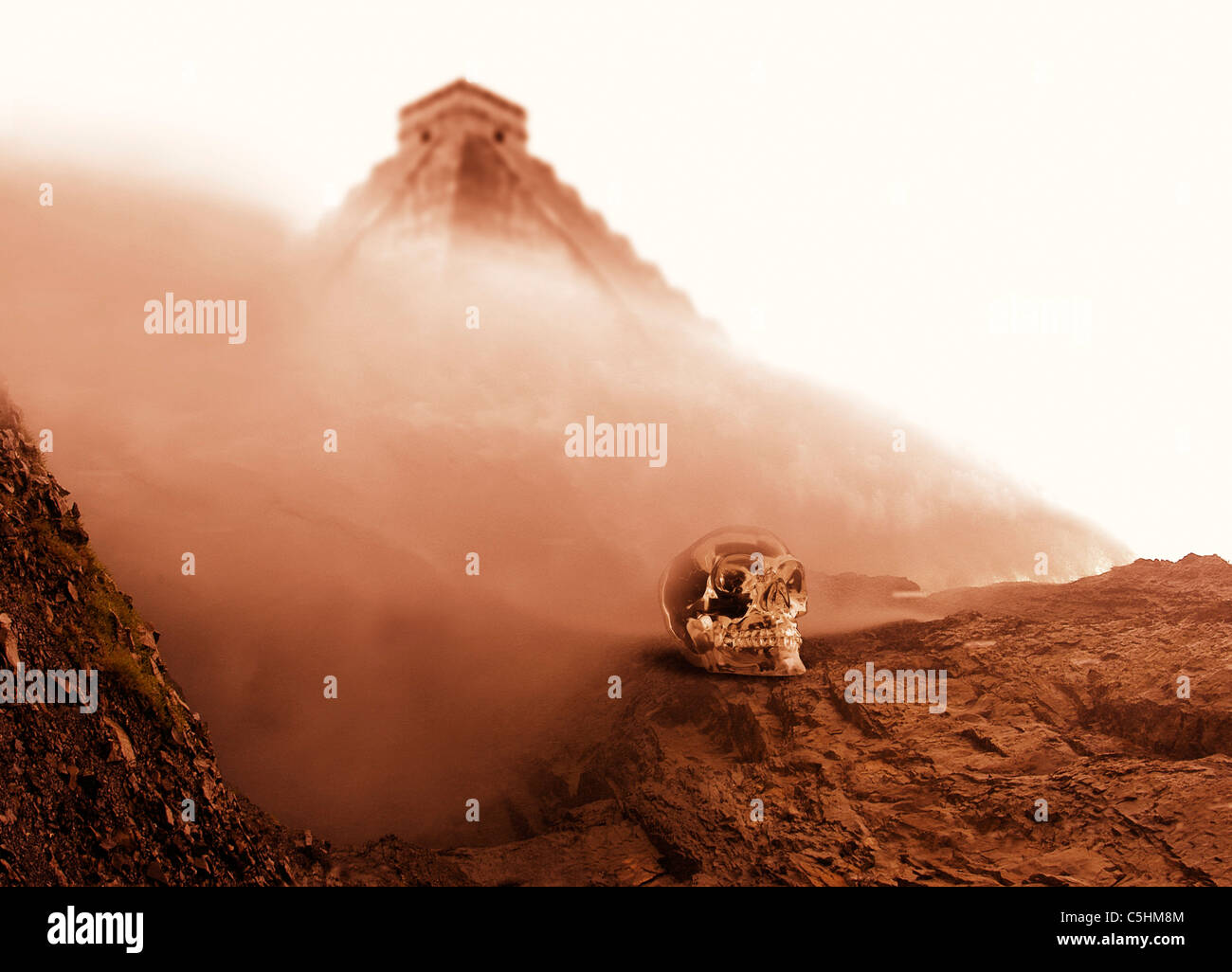 Crystal skull and Maya pyramid, artwork Stock Photo - Alamy