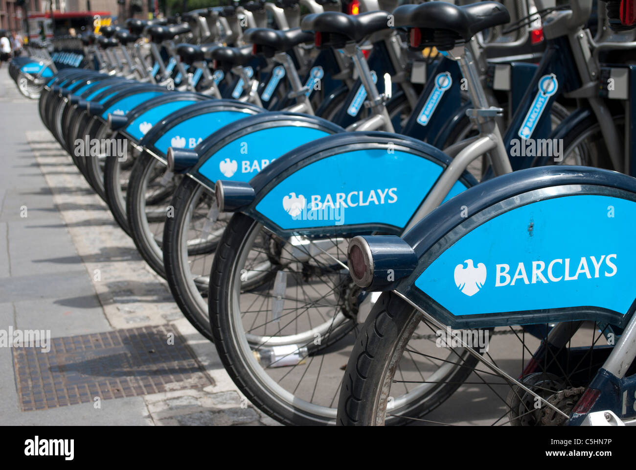 Rack of Barclays Bank Cycle Hire bicycles at a docking station in the ...