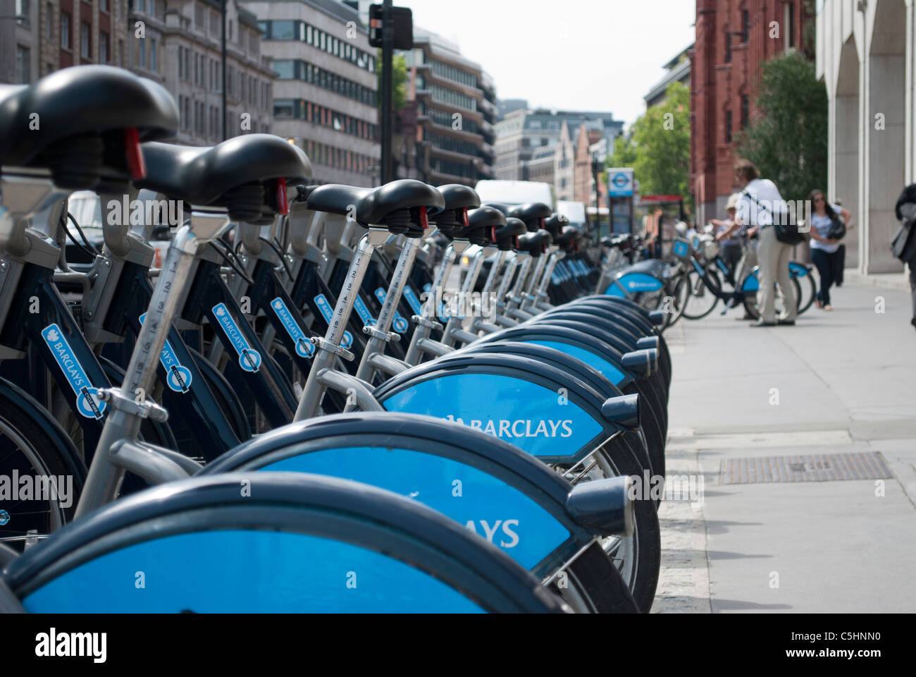 Rack of Barclays Bank Cycle Hire bicycles at a docking station in the ...