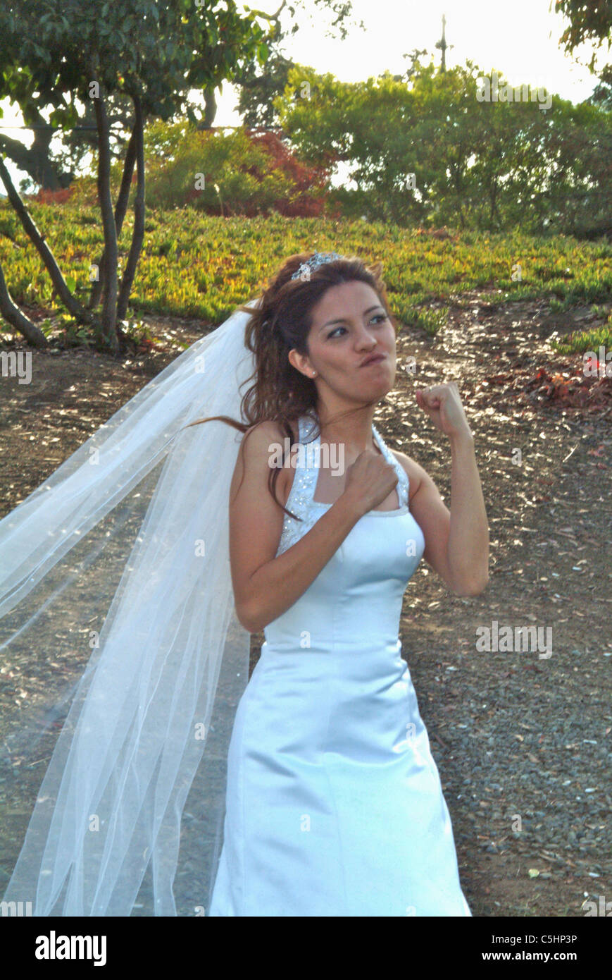 An excited bride is ready to fight right after she has gotten married ...