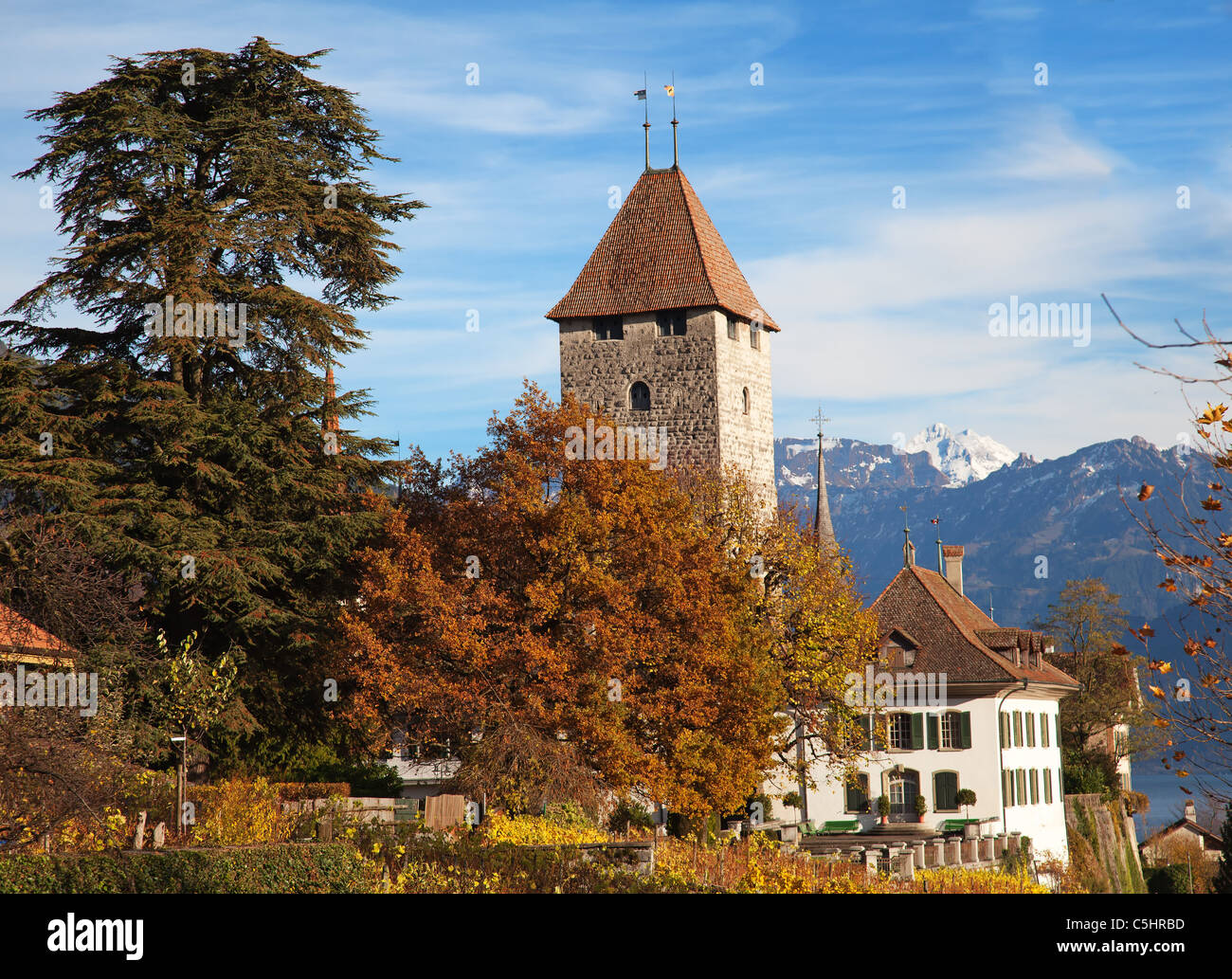 Spiez castle under blue sky (Jungfrau region, cantone Bern, Switzerland ...
