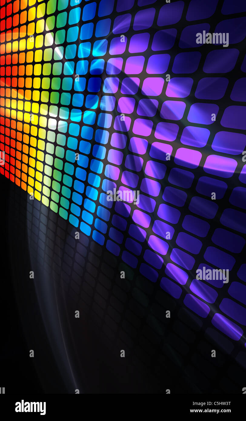 A rainbow colored digital wall or display screen with reflections and ...