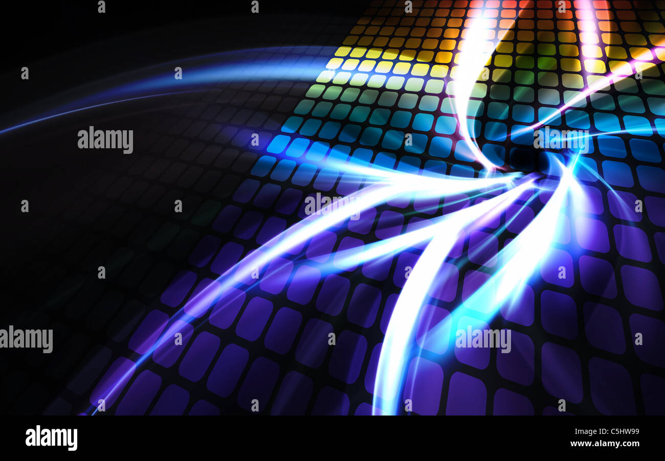 A rainbow colored digital wall or display screen with reflections and ...