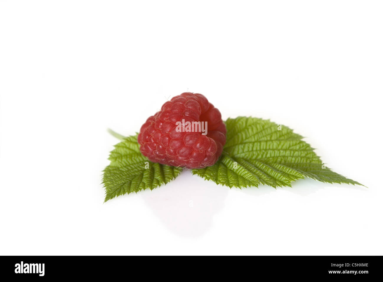 Ripe raspberry with green leaf on white background Stock Photo - Alamy