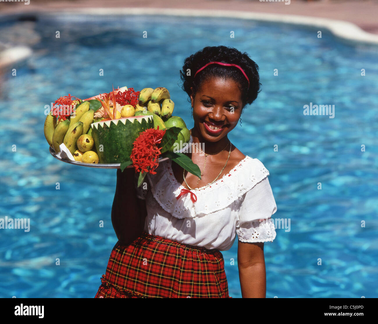 Hotel waitress with fruit tray, Saint Lucia, Lesser Antilles, Caribbean ...