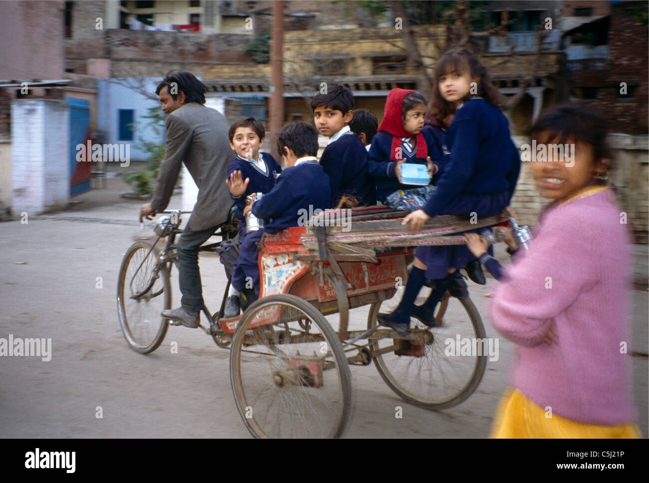 Amritsar India Children Going To School On bicycle Rickshaw Stock Photo ...