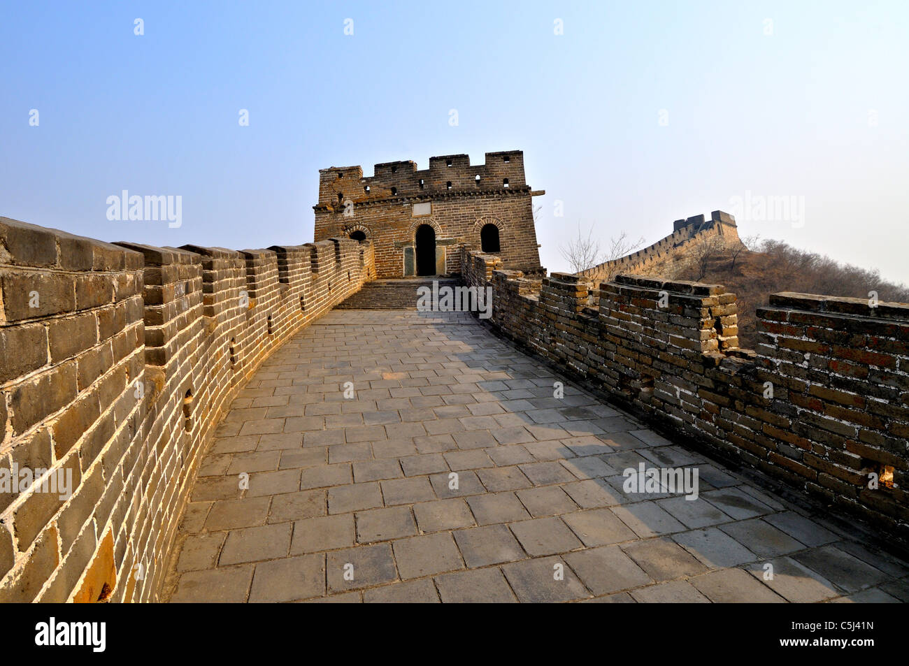 The Great Wall of China with two watchtowers visible as the wall climbs ...