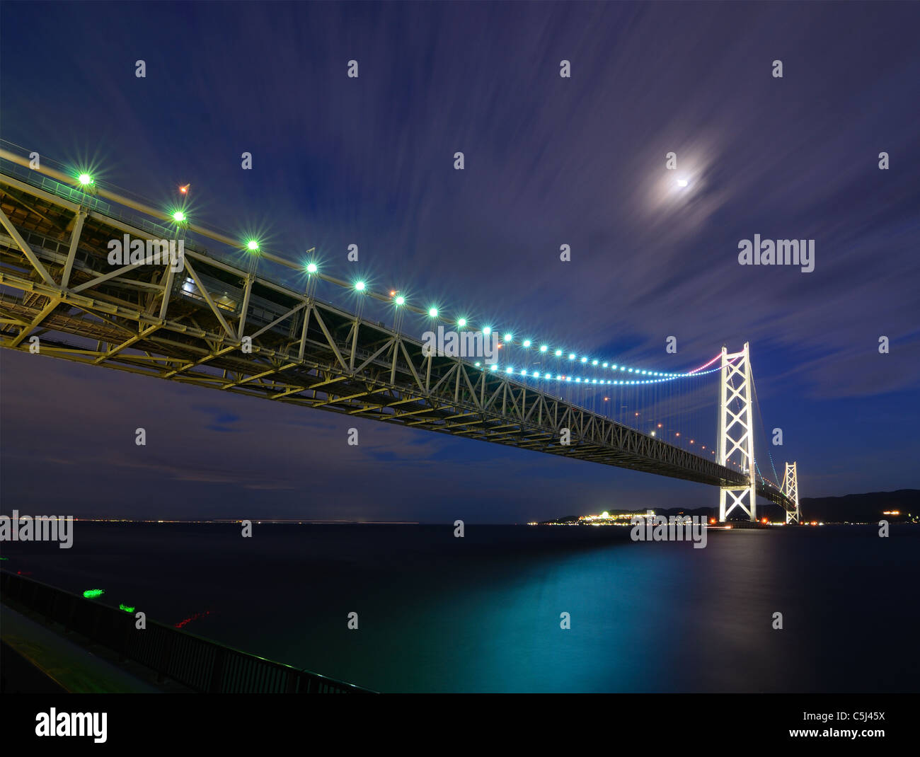 Akashi Kaikyo Bridge connects Awaji Island and Kobe, Japan. It has the ...