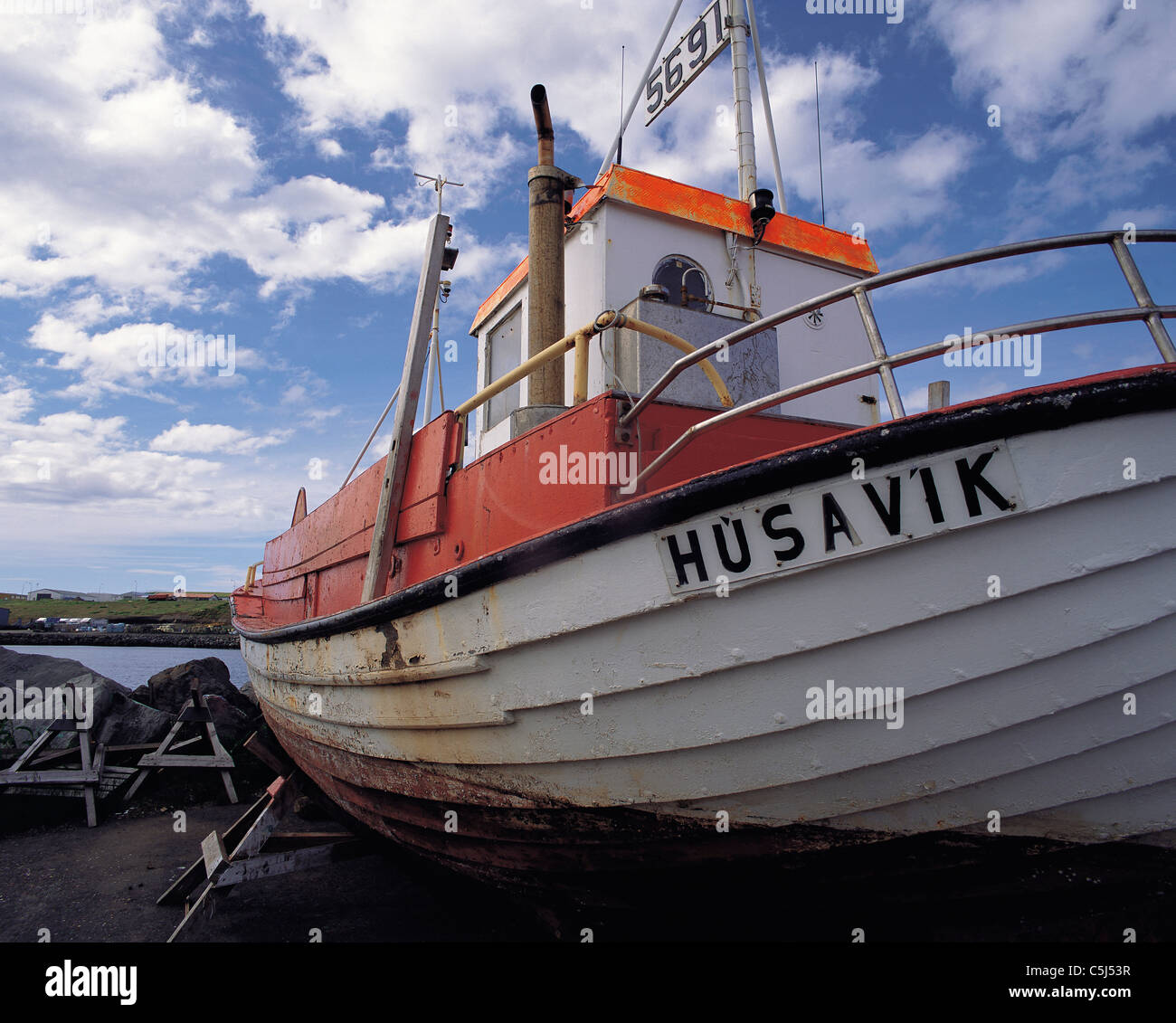Beached fishing-boat, the Husavik, in Husavik harbour, n.e. Iceland ...