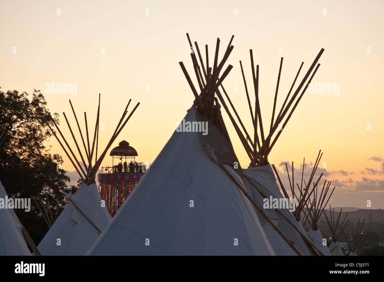 Teepee, Tipi or Wigwam tents at the Glastonbury Festival 2011, Somerset ...