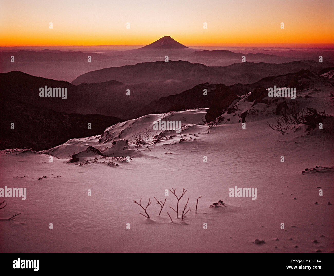 Mount Fuji , Japan, in winter, seen at dawn from the Japanese Southern ...