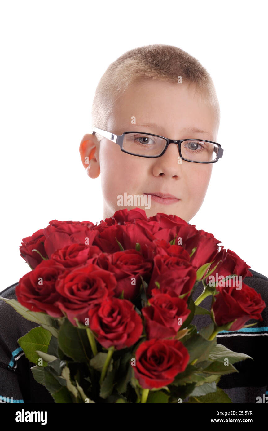 boy with bouquet of red roses. isolated on white background Stock Photo ...