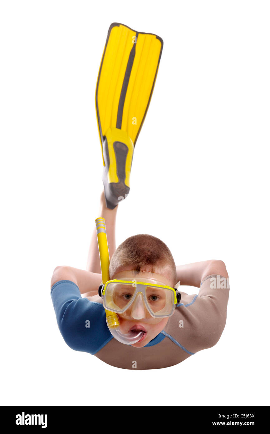 diving boy with scuba and mask. Isolated on white background Stock ...