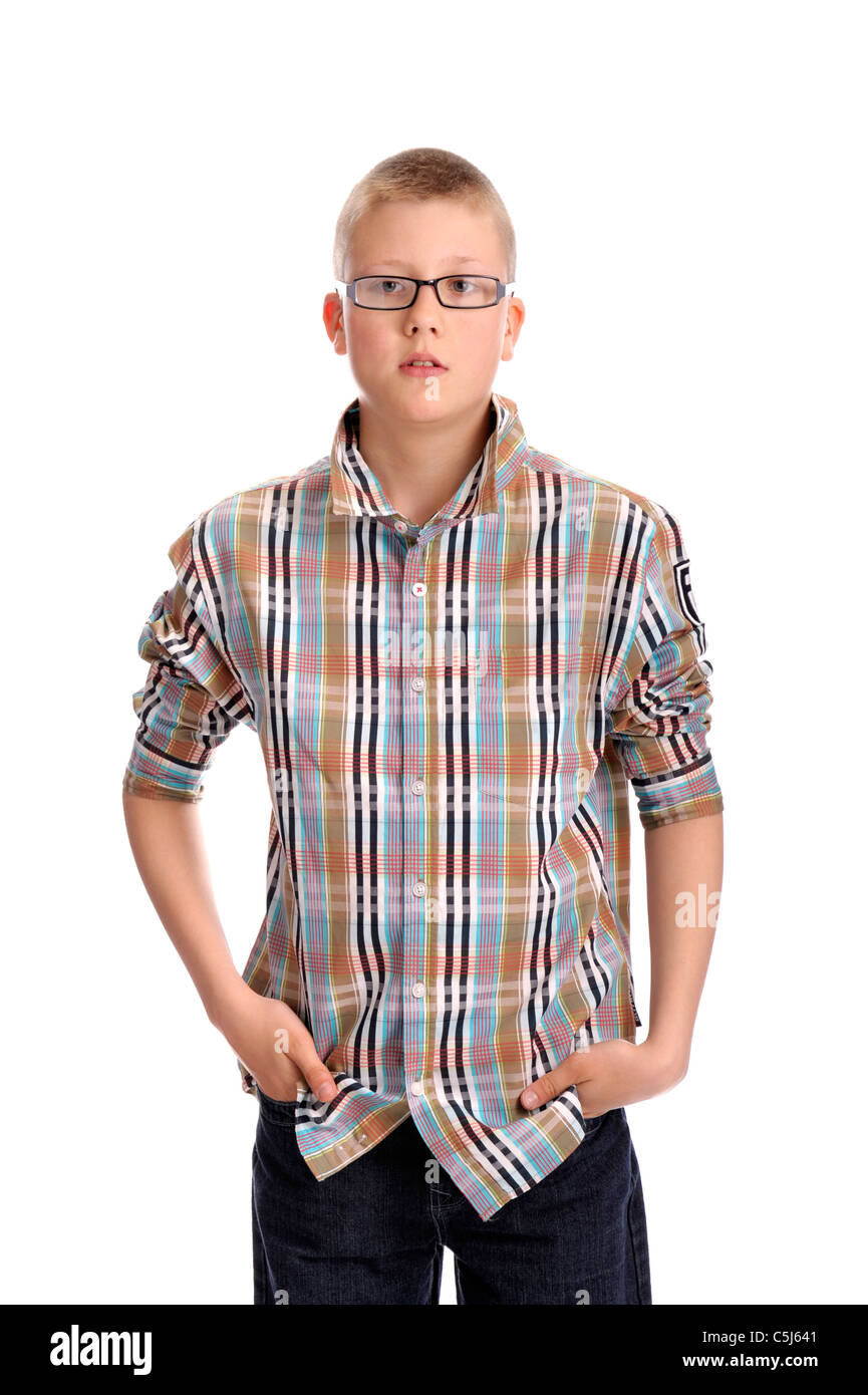 young boy , standing hands in his pockets. isolated on white background ...
