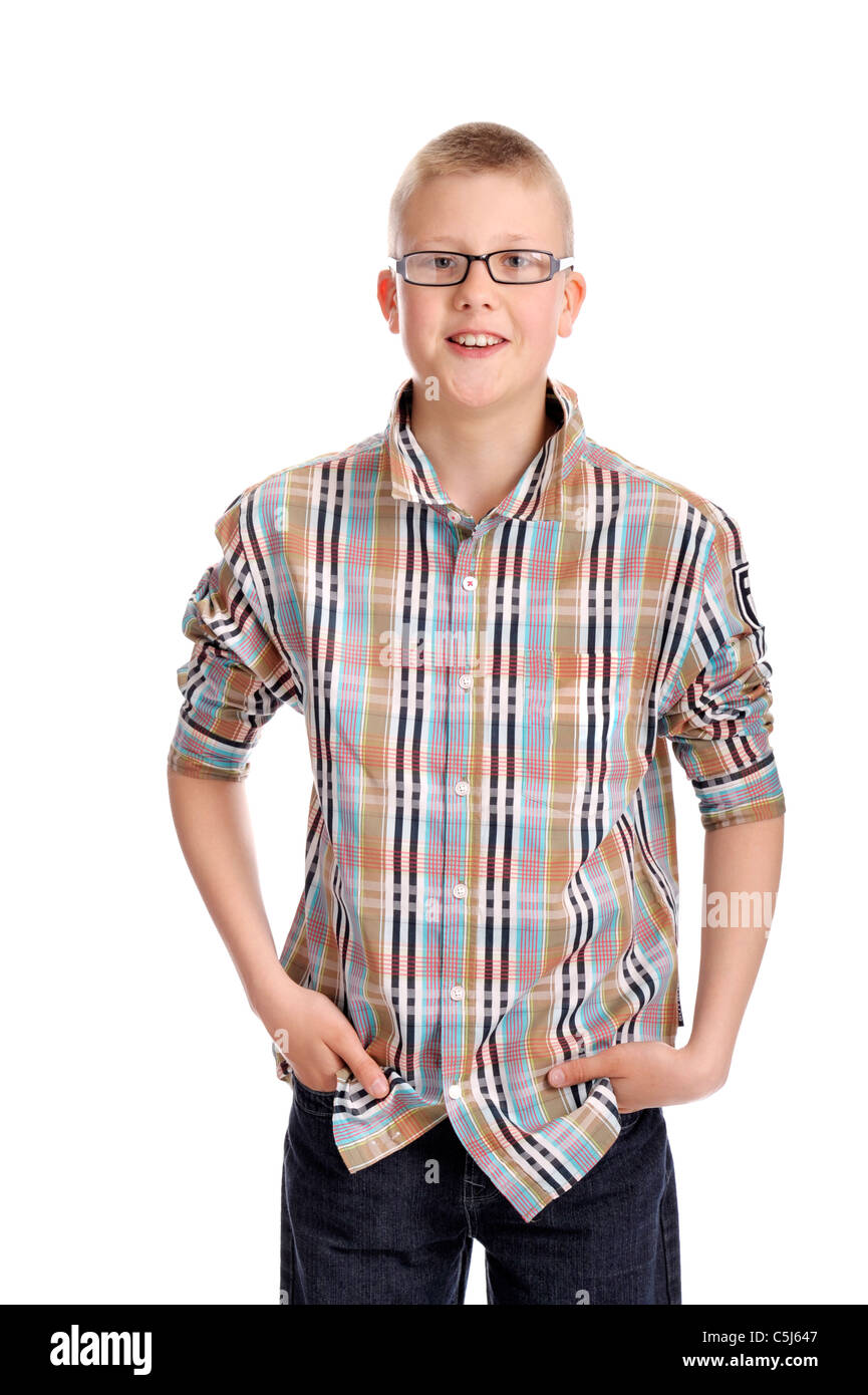 young boy , standing hands in his pockets. isolated on white background ...