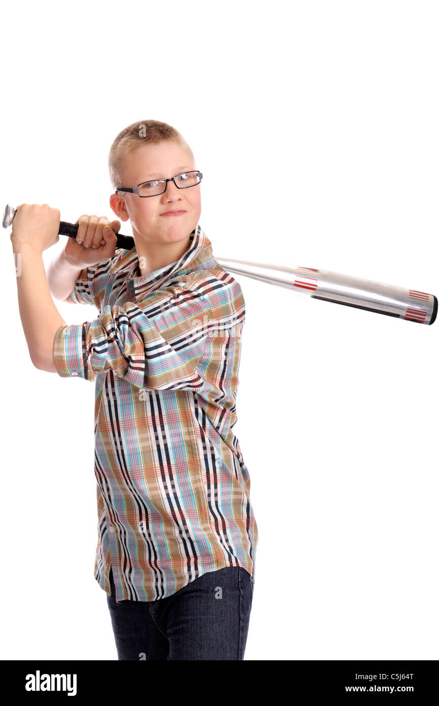 boy with baseball bat making faces. Isolated on white background Stock ...