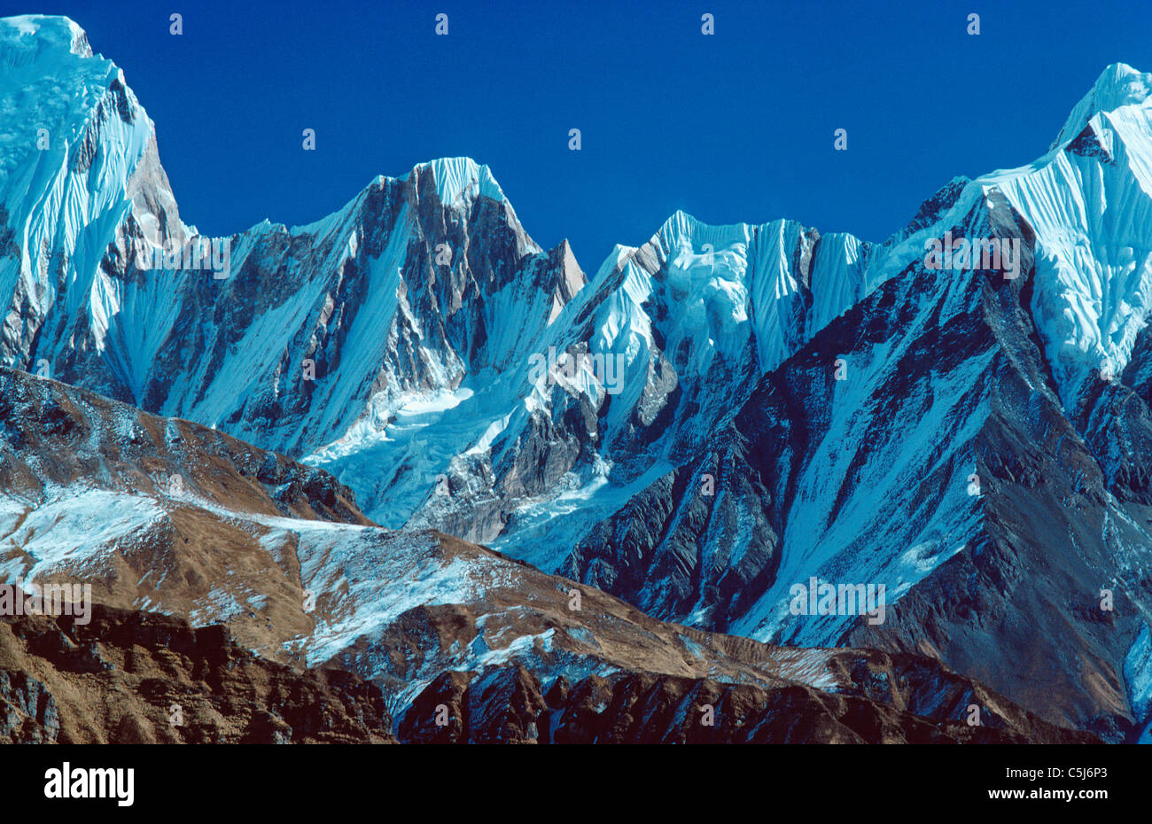 Peaks and pinnacles along the east wall of the Annapurna Sanctuary ...
