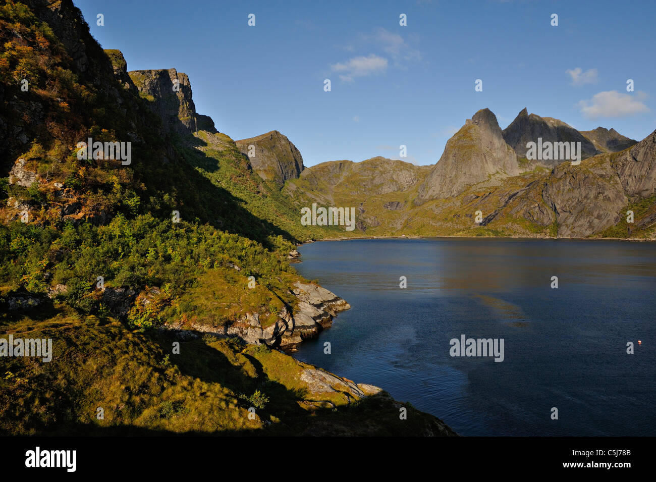 Djupfjord and surrounding mountains in the early morning, Lofoten ...