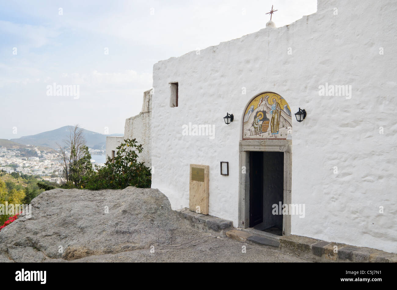 Entrance to the Holy Cave of the Apocalypse on Patmos Island, Greece ...