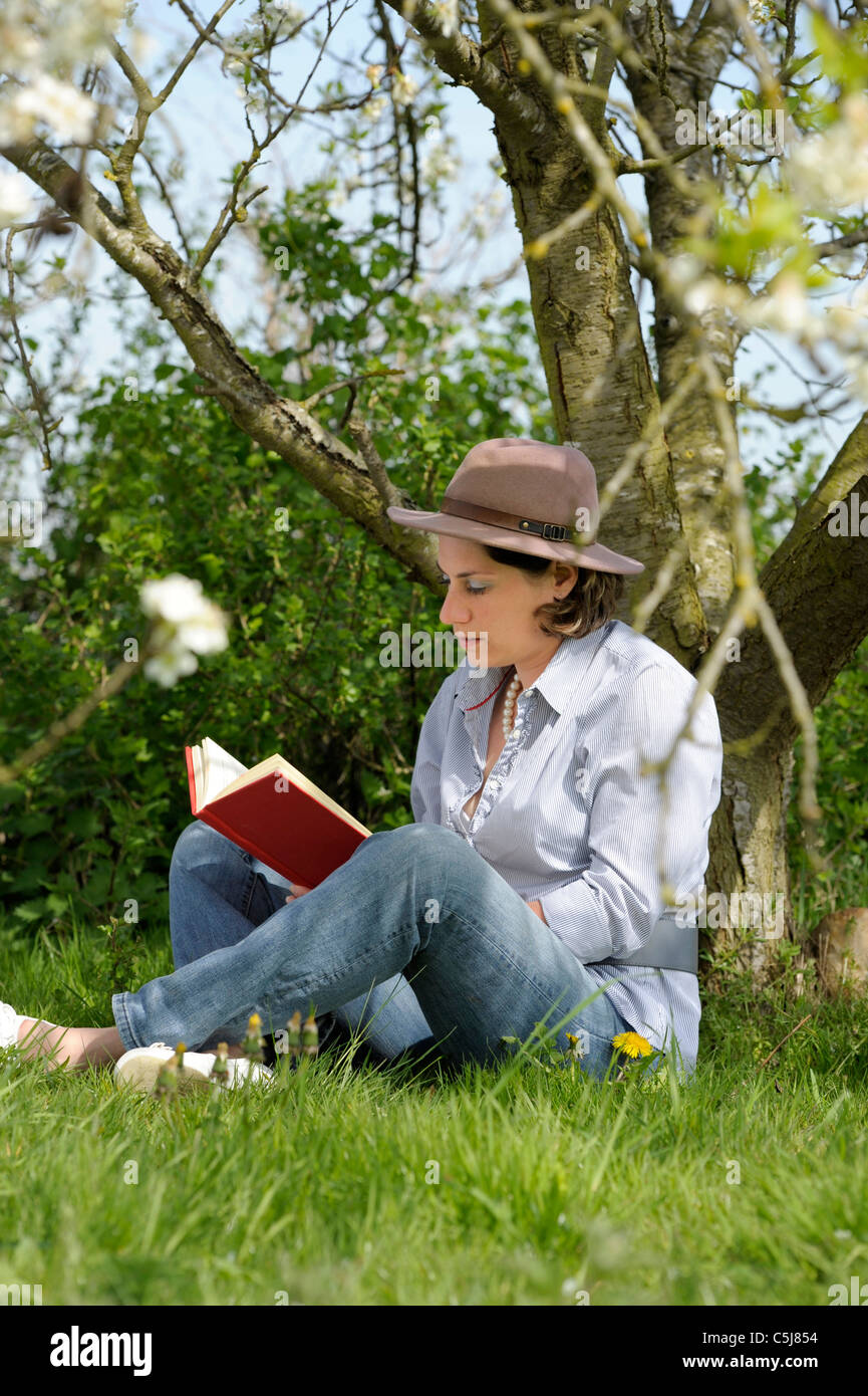 woman reading a book under a tree in the garden Stock Photo - Alamy