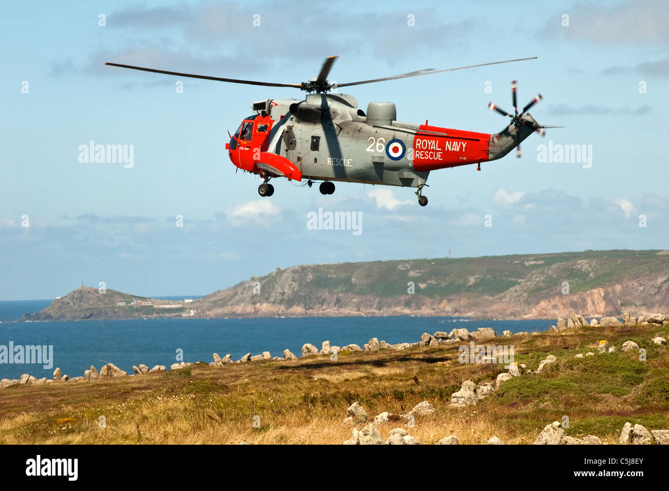Air sea rescue helicopter on exercises Lands End Cornwall Stock Photo ...
