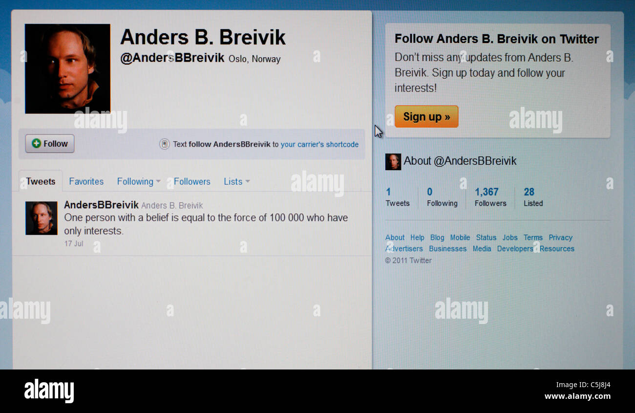 Screen shot of the Twitter page of Anders Behring Breivik the main ...