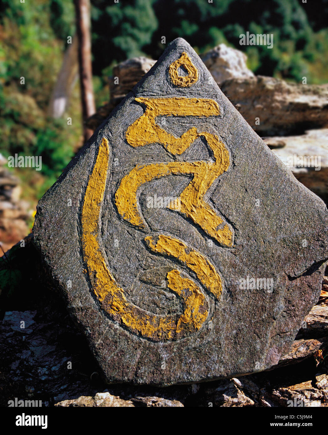 Inscribed Buddhist mane stone on a trail in eastern Nepal Stock Photo ...