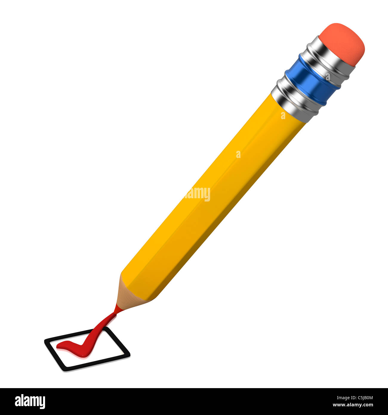 Yellow pencil with a red check mark on a white background Stock Photo ...