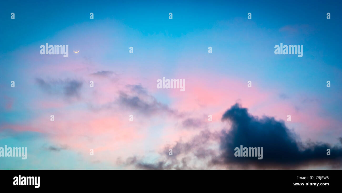 Quarter moon at twilight with pink clouds Stock Photo - Alamy