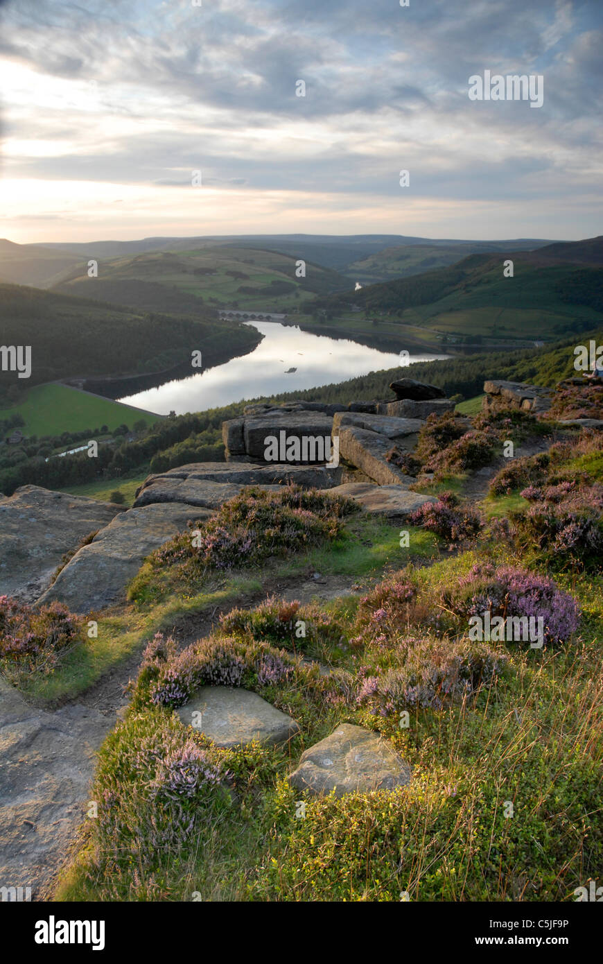 Ladybower and the Derwent Valley at sunset from Bamford Edge in the ...