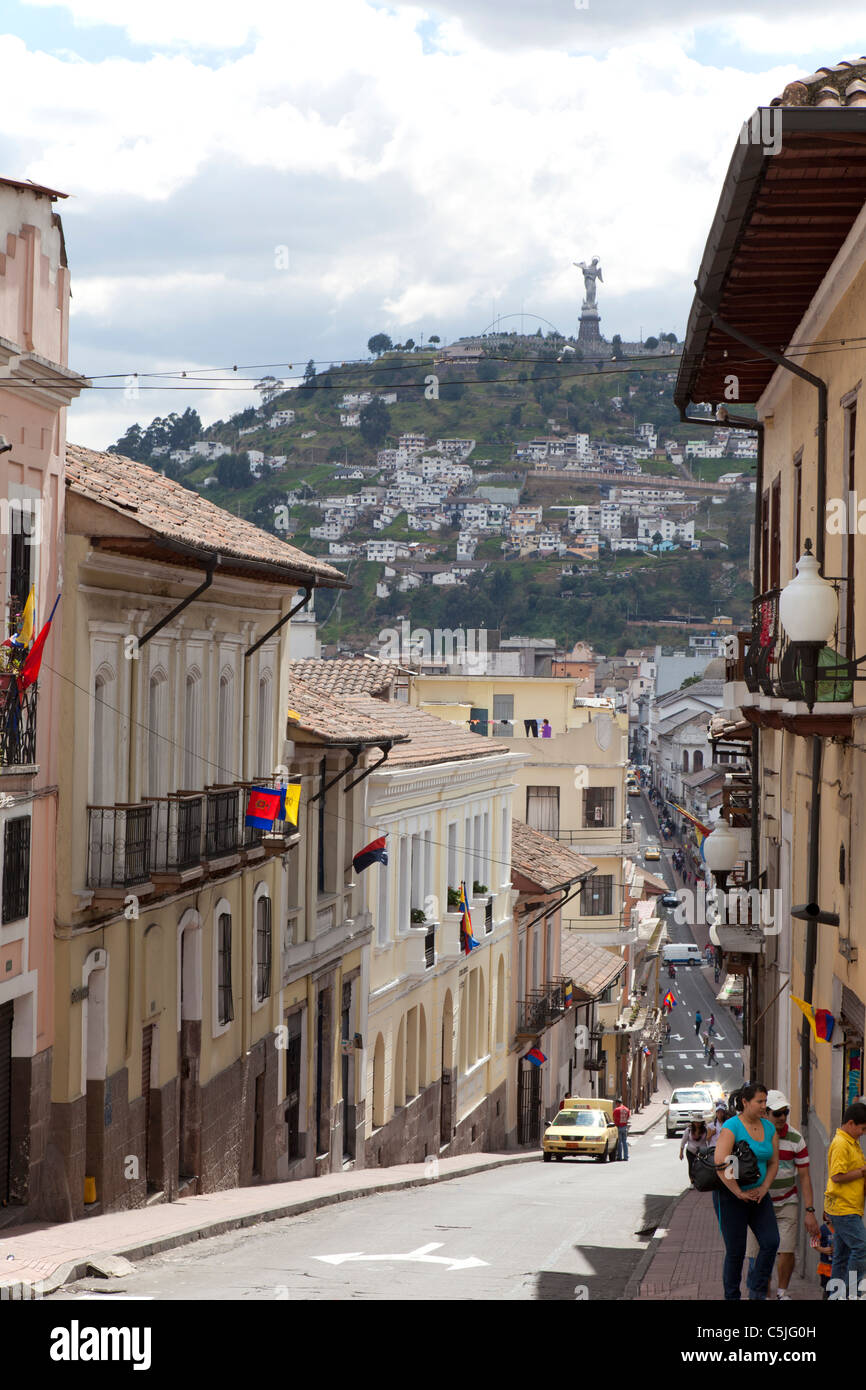 View of the hilly streets of the old town in Quito, Ecuador Stock Photo ...