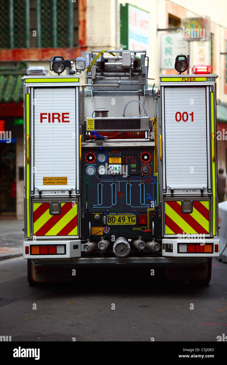 Back of a fire engine attending a call in China Town Sydney Australia ...
